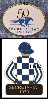 SECRETARIAT LOT OF 2 HORSE RACING LAPEL PINS - 50 ANNIVERSARY & JOCKEY ...