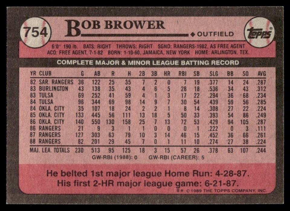 1989 Topps #754 Bob Brower Texas Rangers | eBay
