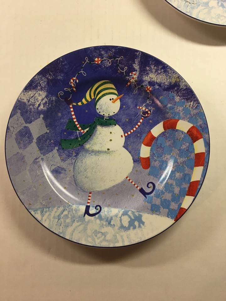 4 Sakura Snow Pals Snowman Salad Plates 4 Motifs, Snowmen On Blue 8-1/4 ...