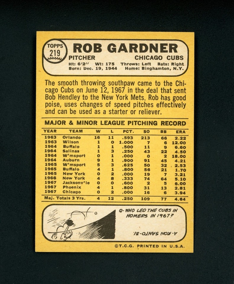 Ron Gardner 1968 Topps - Chicago Cubs #219 NM-MT | eBay