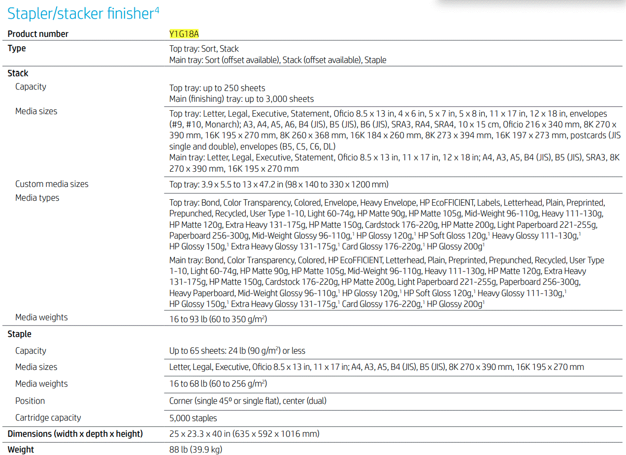 HP LaserJet Managed Flow Y1G18A Stapler Stacker Finisher for E87650z ...