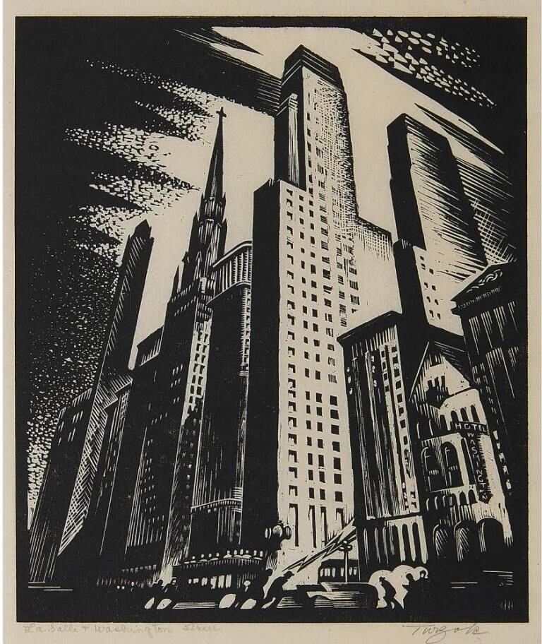 Lasalle and Washington Street by Charles Turzak – 1935 Chicago Woodcut ...