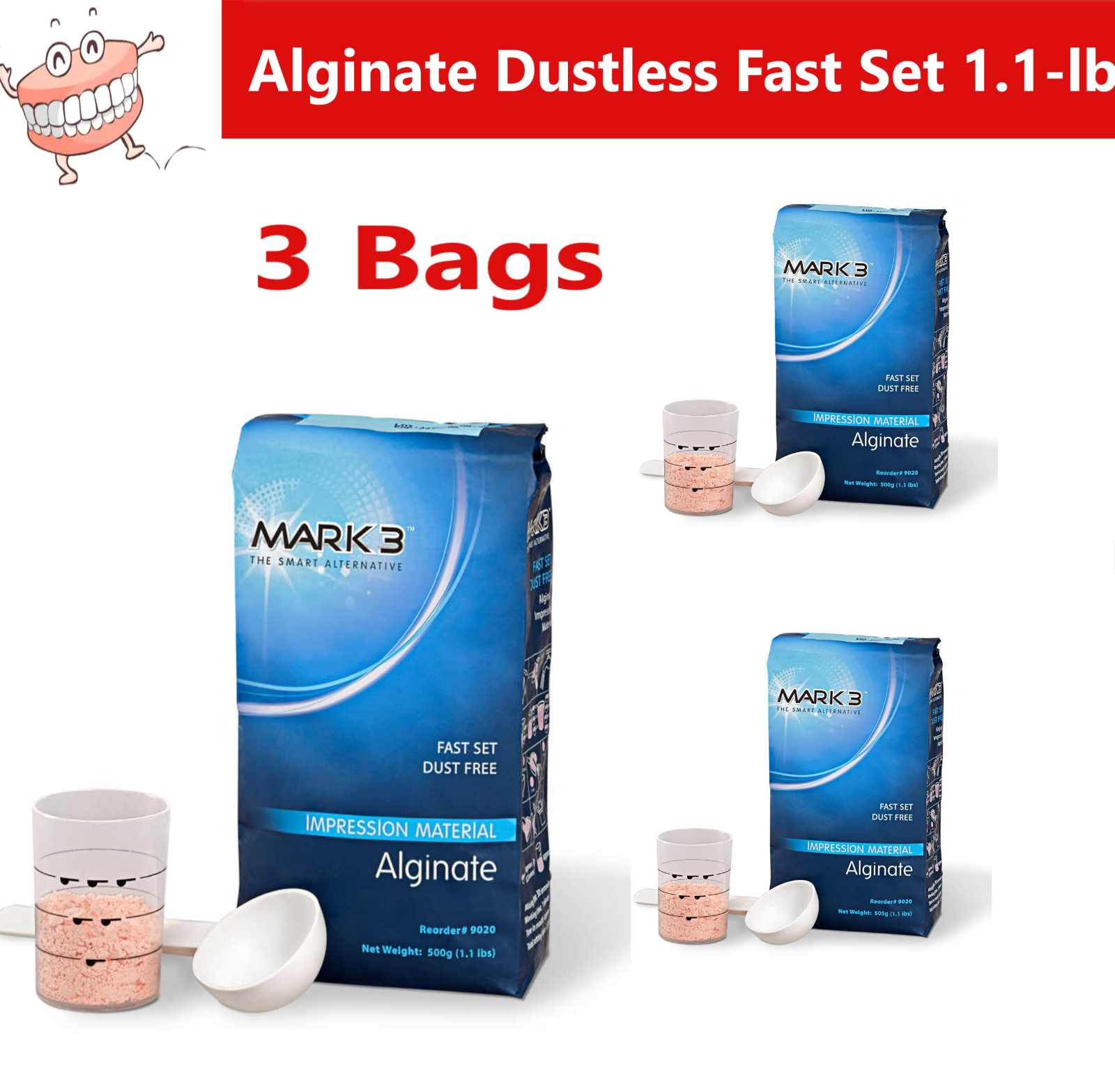 Dental Alginate Impression Material Dustless Fast Set, 3 Bags (1.1lb ...
