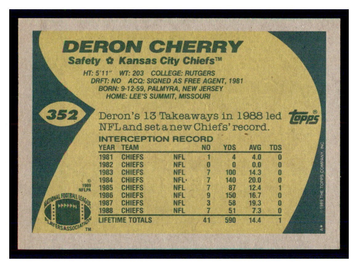 1989 TOPPS NFL Football Trading Card #352 🏈 DERON CHERRY, Kansas City ...