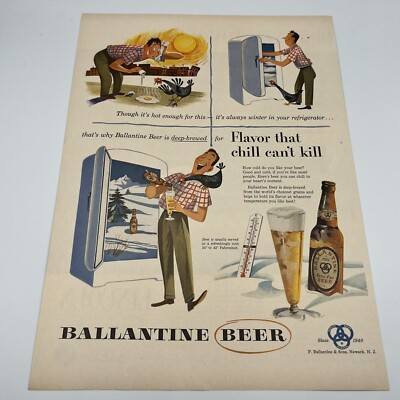 Ballantine Beer 1953 Vintage Print Ad 10x14" flavor chill cant kill ...