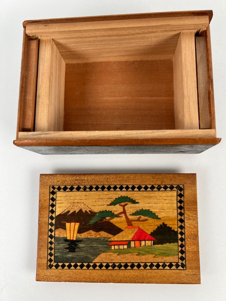 Vintage Japanese Inlaid Wood Trick Puzzle Box Mt. Fuji & Flower Scene ...