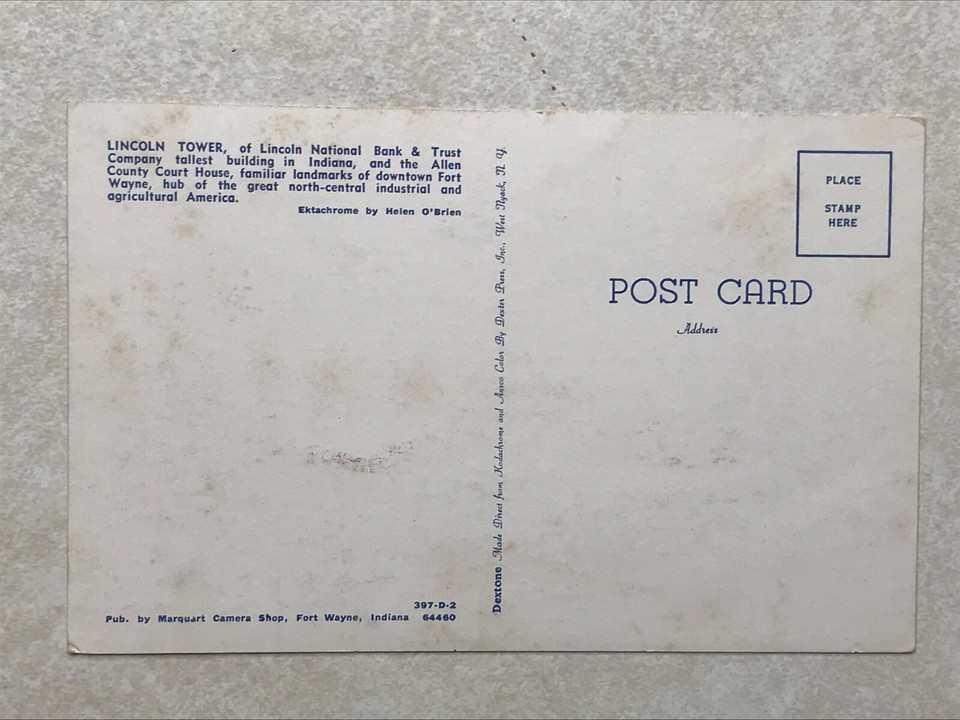 K891 Postcard Lincoln Tower National Bank & Trust Co Indiana IN Fort ...