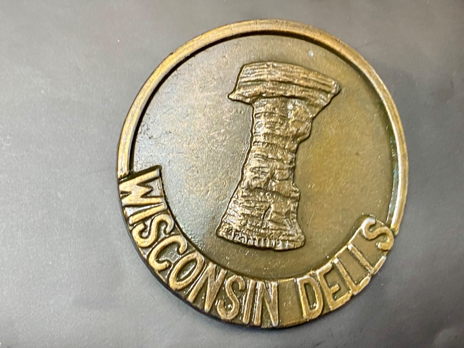 Vintage Wisconsin Dells round brass tone logo emblem … - Gem