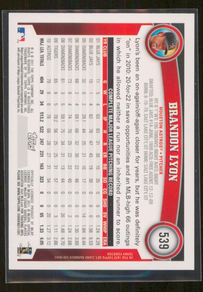 2011 Topps Diamond Anniversary Cognac #539 Brandon Lyon Houston Astros ...