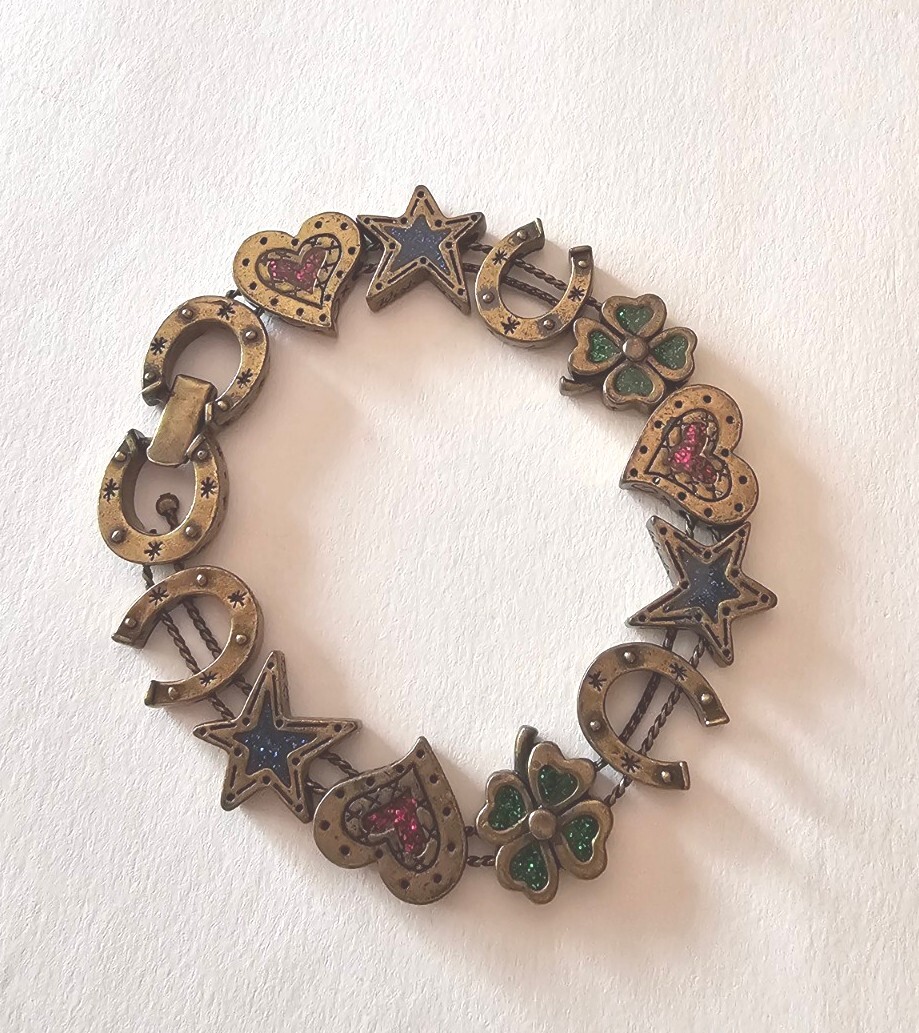 Vintage AVON Panel Charms Bracelet Brass Tone Clover/… - Gem