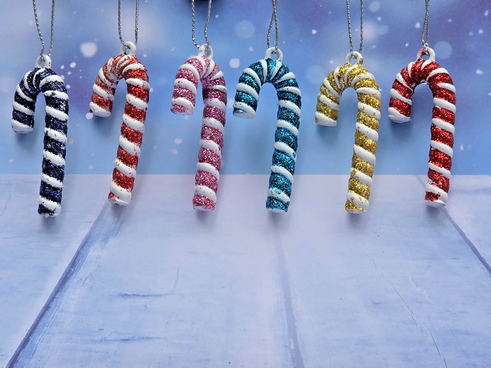 Set 6 Mini miniature GLITTERED CANDY CANES SWEET Christmas Ornaments ...