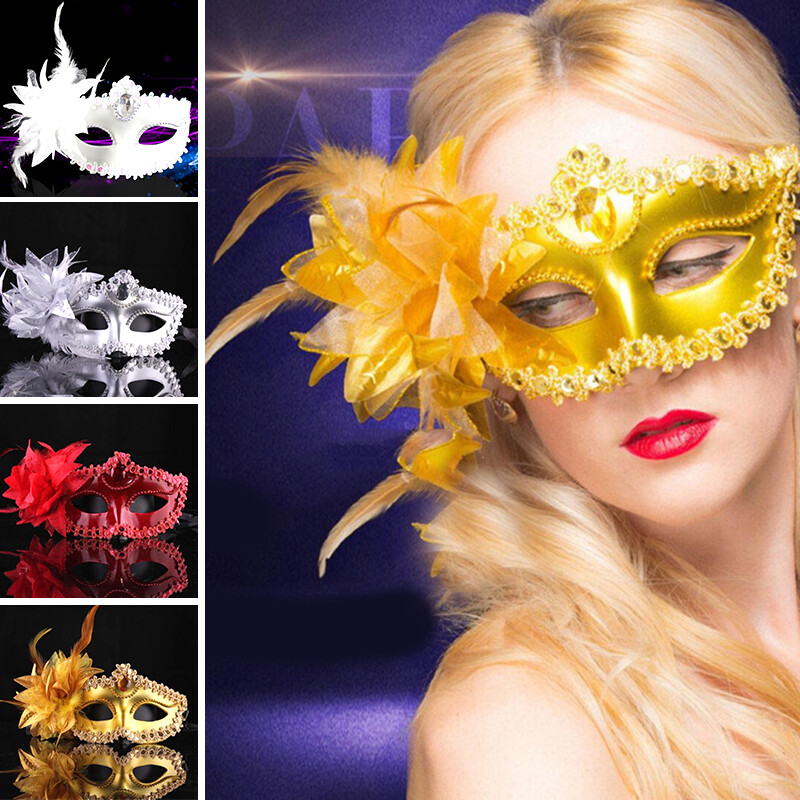 Venetian Masquerade Mask Feather Flower Half Face Fox Eye Masks Party ...
