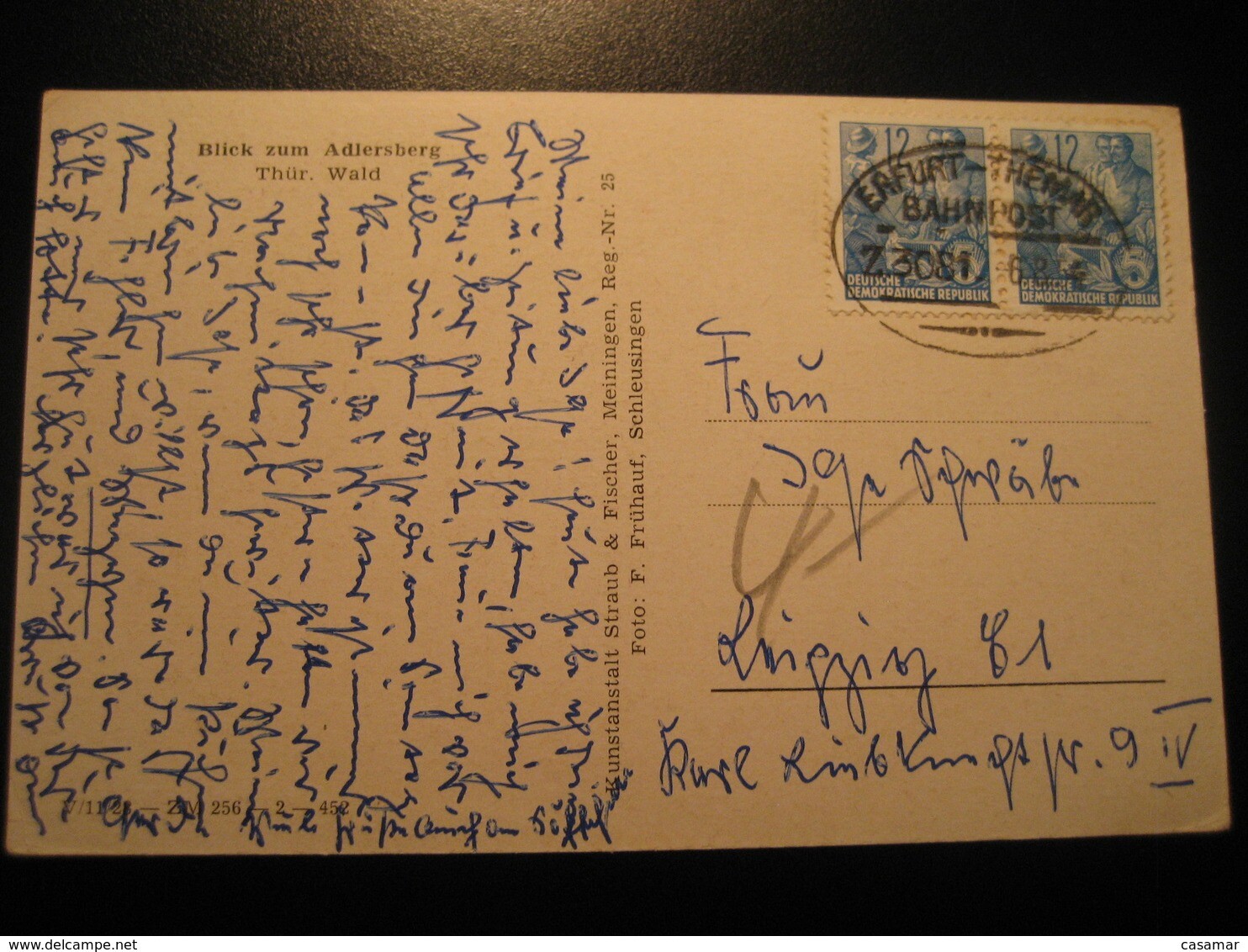 1954 Erfurt Themar To Leipzig Bahnpost Train Cancel Adlersberg GERMANY ...