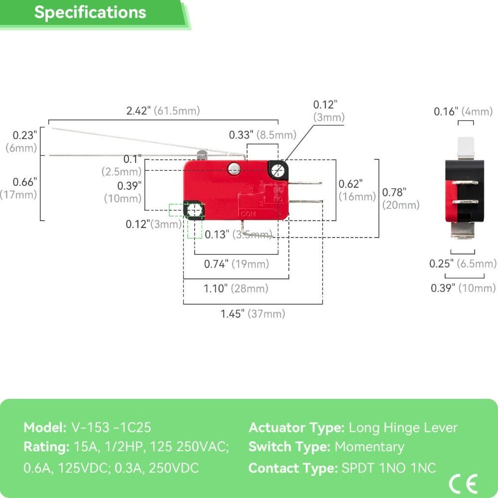 10Pcs V-153-1C25 Lead Limit Switch SPDT Limit Switch Micro Switch PCB ...