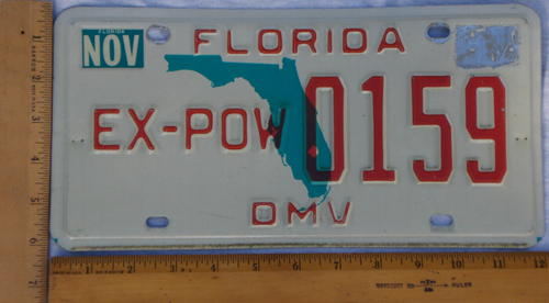 EX-POW FLORIDA LICENSE PLATE-NOV- Exp 89-95 USED- with 4 Tiny staple ...