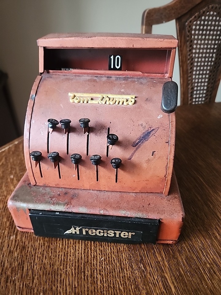TOM THUMB Red Metal Toy Cash register Cash Register Original Vintage ...