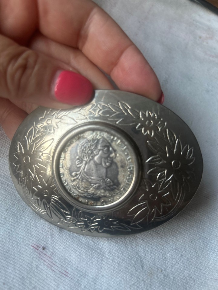 1797 Mexico Carolus IIII Coin Hispan ET IND Mo REX SET IN BELT BUCKLE ...