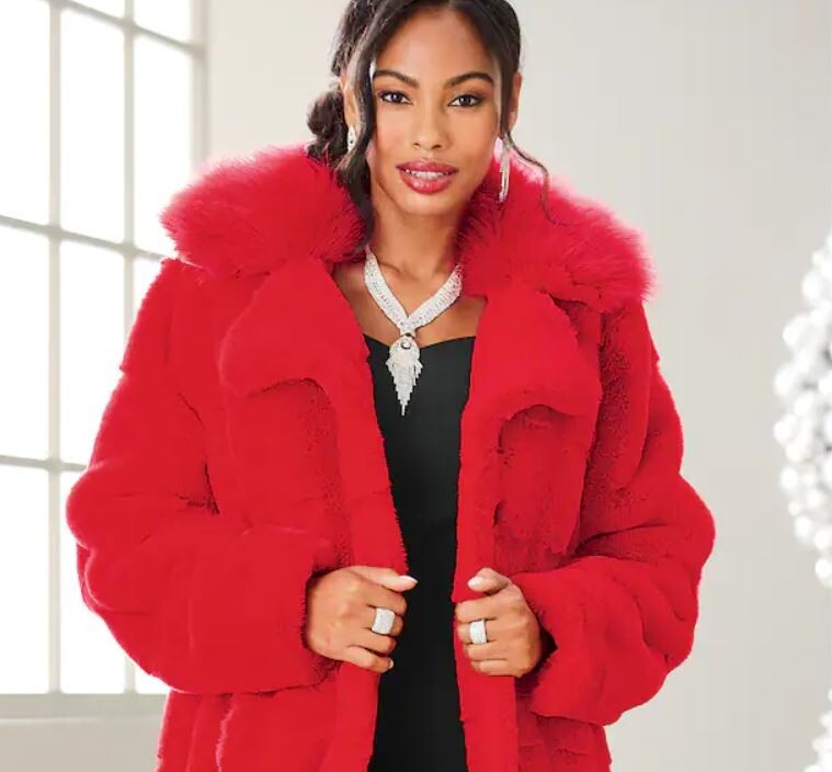 Size 3X PLUS Ashro Red Formal Long Faux-Fur Winter Warm Mink Duster ...