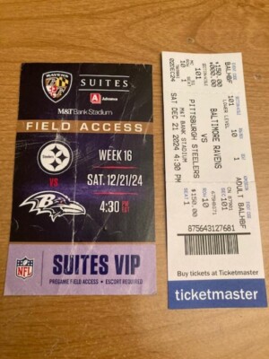 PITTSBURGH STEELERS @ BALTIMORE RAVENS Full NFL Ticket Stub 2/21/2024 ...