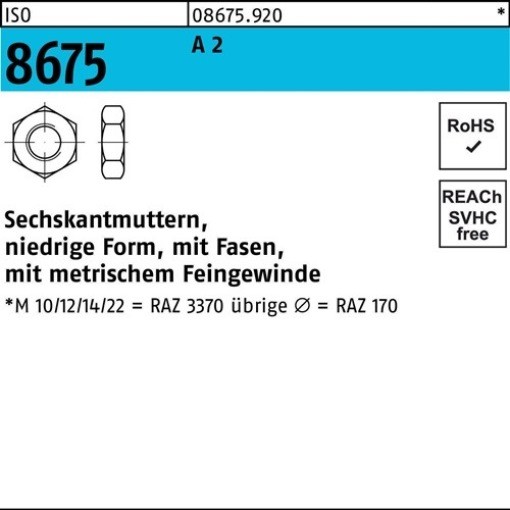 10er PACK(Stk) 008675920000180100 Sechskantmutter ISO 8675 m.Fasen M 18 ...