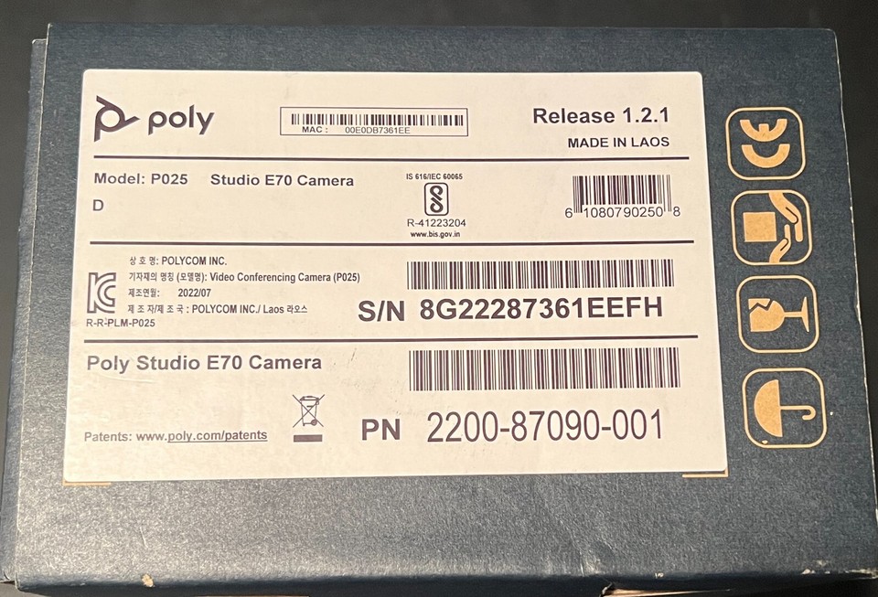Poly Studio E70 Camera Model: P025 P/N: 2200-87090-001 610807902508| eBay