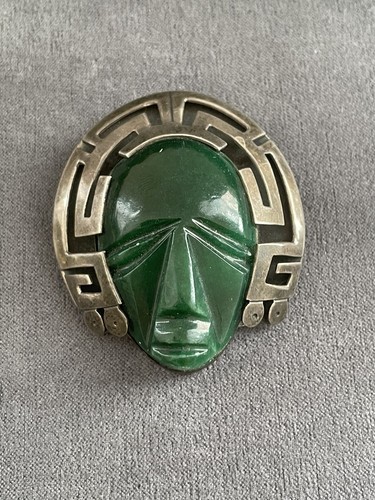 Vintage Sterling Silver Mexico Aztec Jade Carved Face Mask Brooch ...