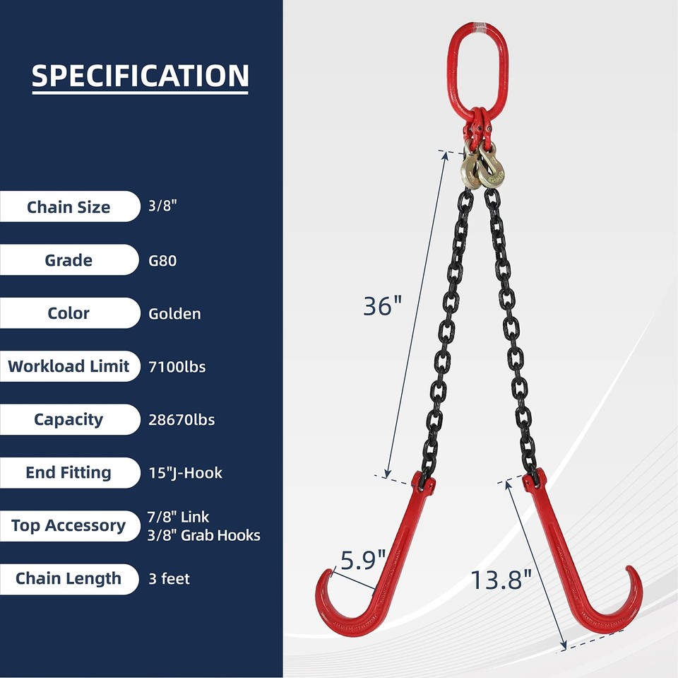G80 3/8" x 3' V Bridle Tow Recovery Chain w/15" J-Hook & Grab Hook ...