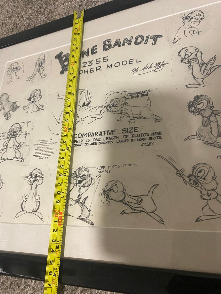 Disney Pluto Bone Bandit 1948 Cartoon Animation Model Sheet Framed and ...