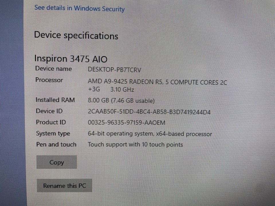 DELL INSPIRON 3475 AIO SERIES AMD A9-9425 - 3.10GHz 8GB RAM 1TB SSD ...