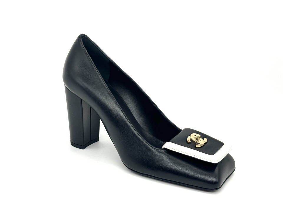 CHANEL 26S Leather Square Toe Turnlock CC Block Heels Pumps Shoes Black ...