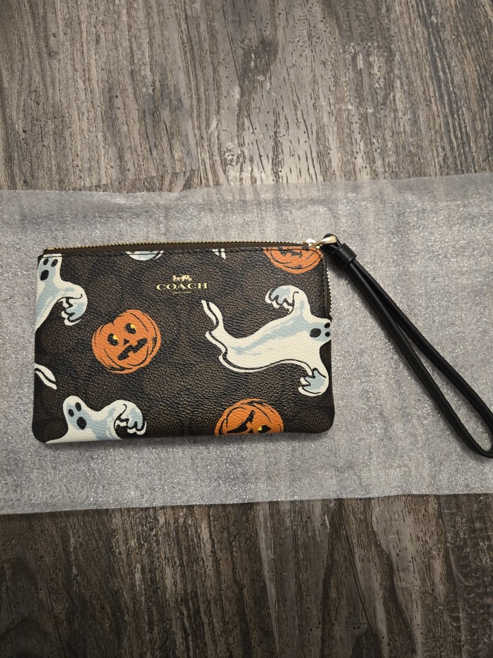 Coach Corner Zip Wristlet Bag Clutch Signature Halloween Ghost Pumpkin ...