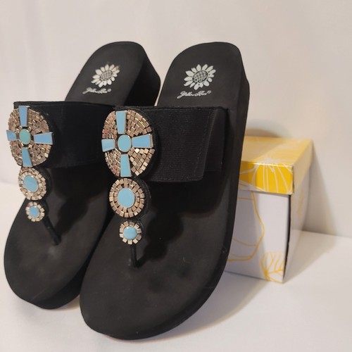 Yellow Box Black Turquoise Flip Flops Wedge Jeweled Sandals 8.5 m | eBay