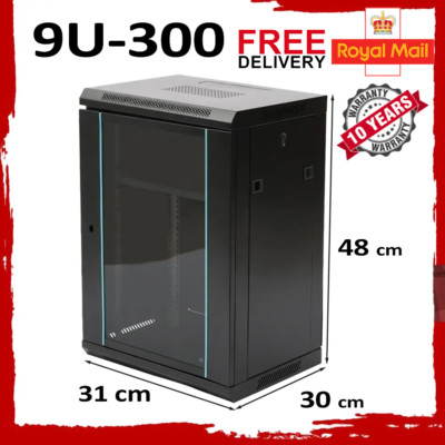 9U 300mm 10" Black Network Cabinet Data Comms Wall Rack, Patch Panel ...