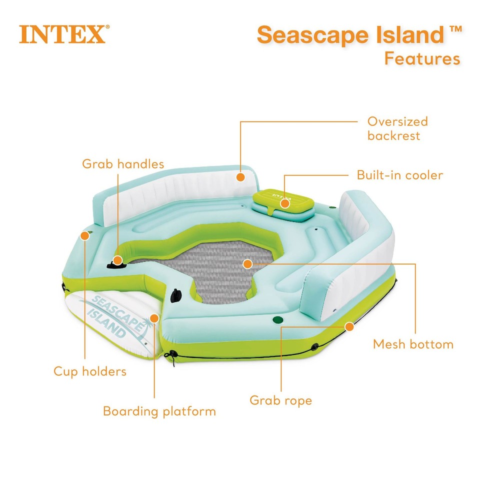 Seascape Island Inflatable Water Lounge w/ Built In Cooler & Backrests ...