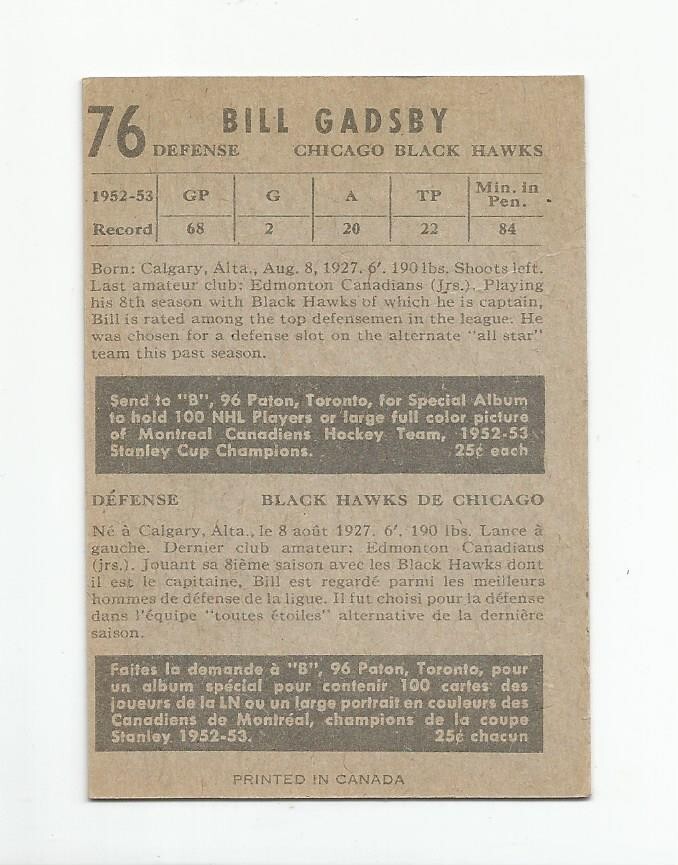 1953-54 BILL GADSBY PARKHURST HOCKEY CARD #76 "NICE GRADE CARD" | eBay