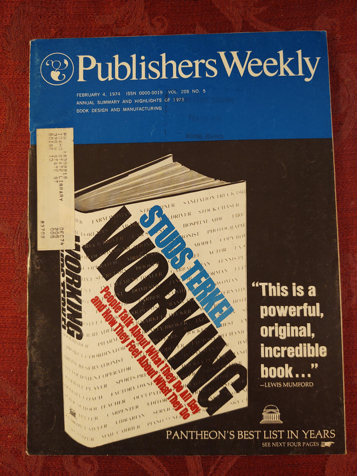PUBLISHERS WEEKLY Magazine February 4 1974 Studs Turkel Stanley ...