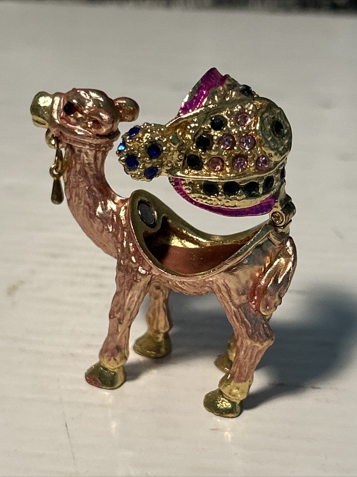 Metal Jeweled Camel Trinket Box Small Gold Pink tone Hinged with ...