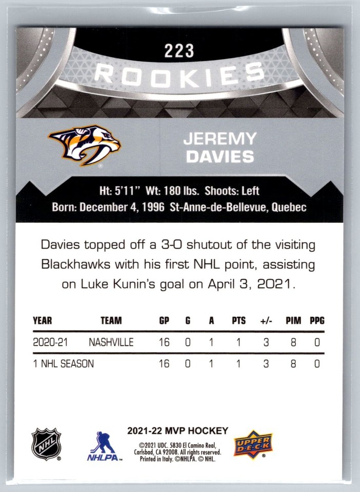 2021 Upper Deck MVP #223 Jeremy Davies Nashville Predators ROO Silver ...