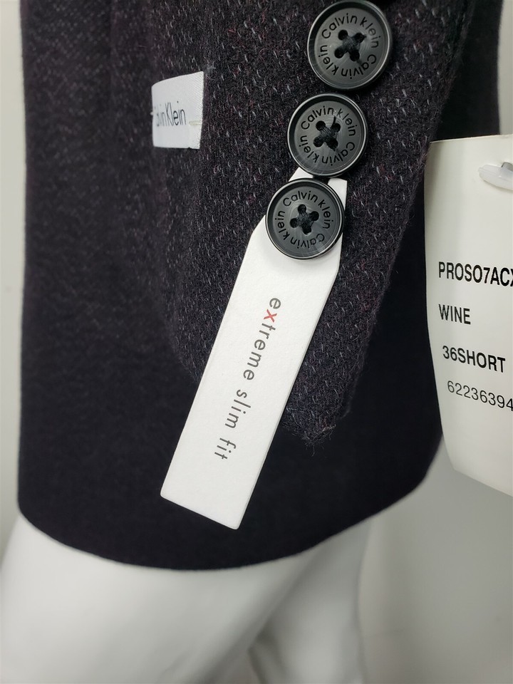 CALVIN KLEIN Extreme Slim Fit Proso Wine Black Gray Tweedy Coat sz 36S ...