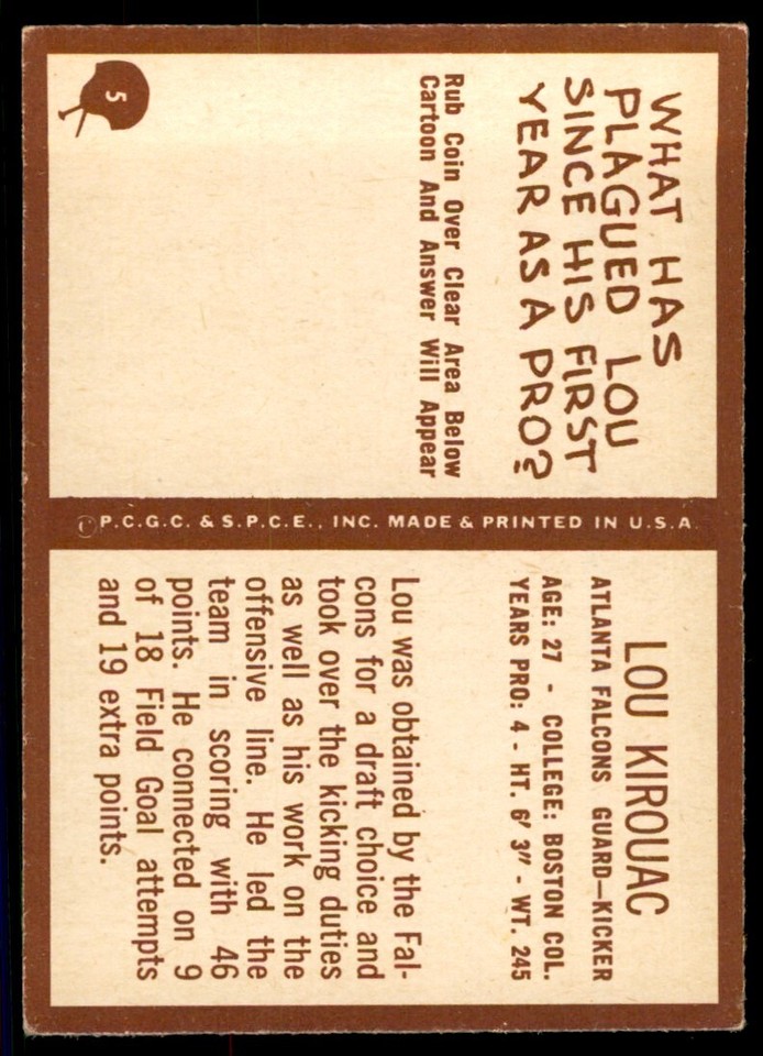 1967 Philadelphia Lou Kirouac Rookie b Atlanta Falcons #5 | eBay