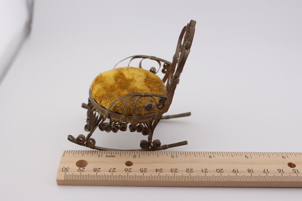 Vintage ornate tin can rocking chair pin cushion scroll design pattern ...