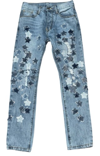 MNML Jeans Star Patchwork Ripped Button-fly Slim Taper Mens 38x31 Blue ...