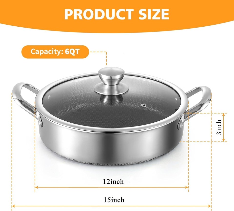 Stainless Steel Saute Pan 12 inch Deep Frying Pan,6 Quarts Nonstick ...