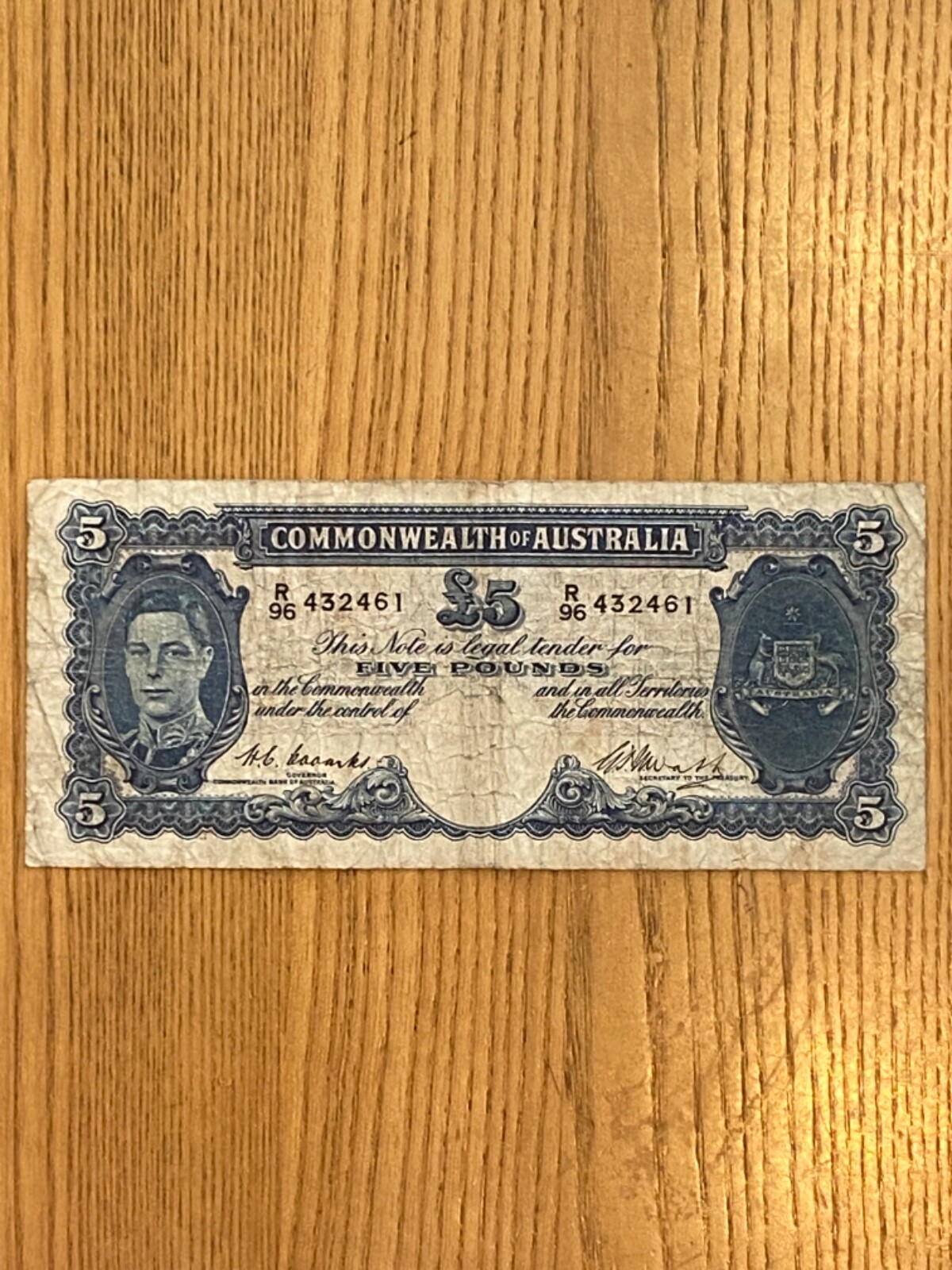 1949 Commonwealth Of Australia 5 Pound Note £5- Coombs/Watt R96 432461 ...