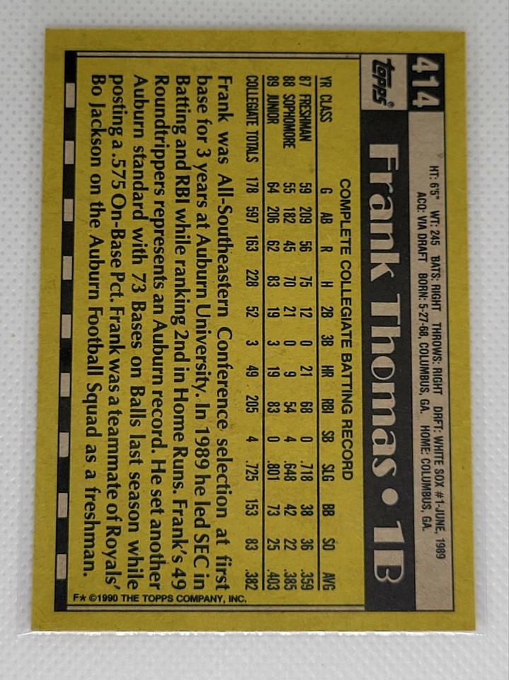 1990 TOPPS DRAFT PICK FRANK THOMAS WHITE SOX #414 | eBay