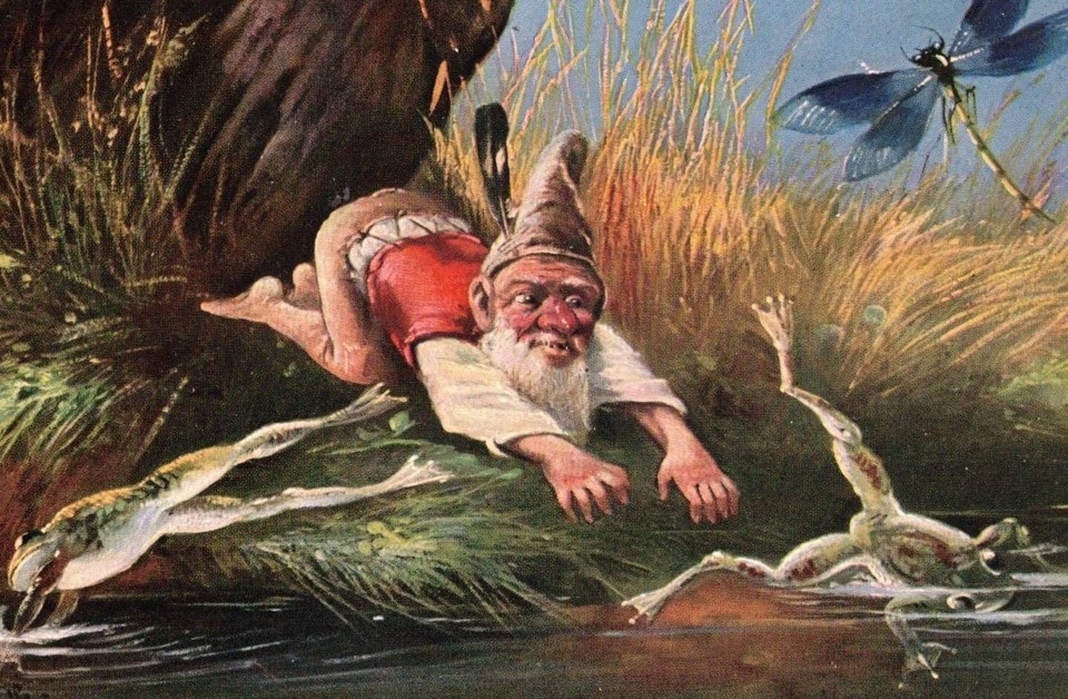 1906 THEO STROEFER ART POSTCARD ELF TRIES TO CATCH FROGS POND DRAGONFLY ...