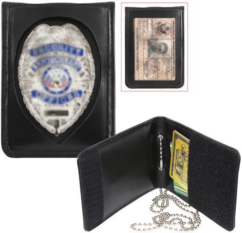 Black Leather ID Holder & Neck Chain Wallet Badge Case Law Enforcement ...