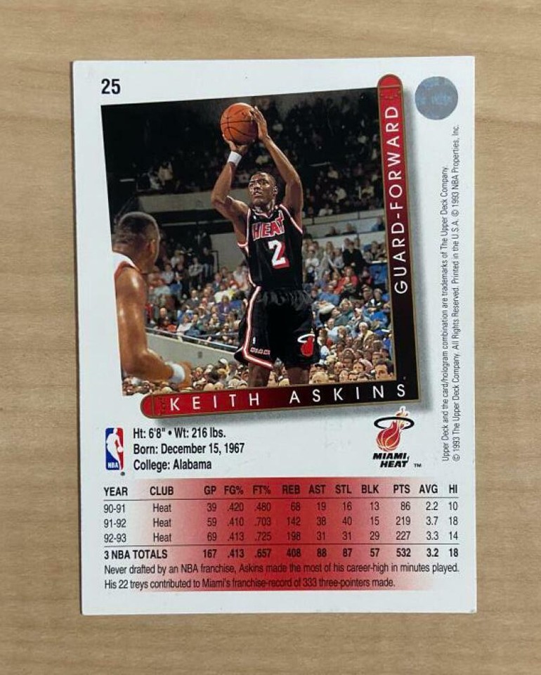KEITH ASKINS MIAMI HEAT SIGNED AUTOGRAPHED 93-94 UPPER DECK CARD #25 W ...