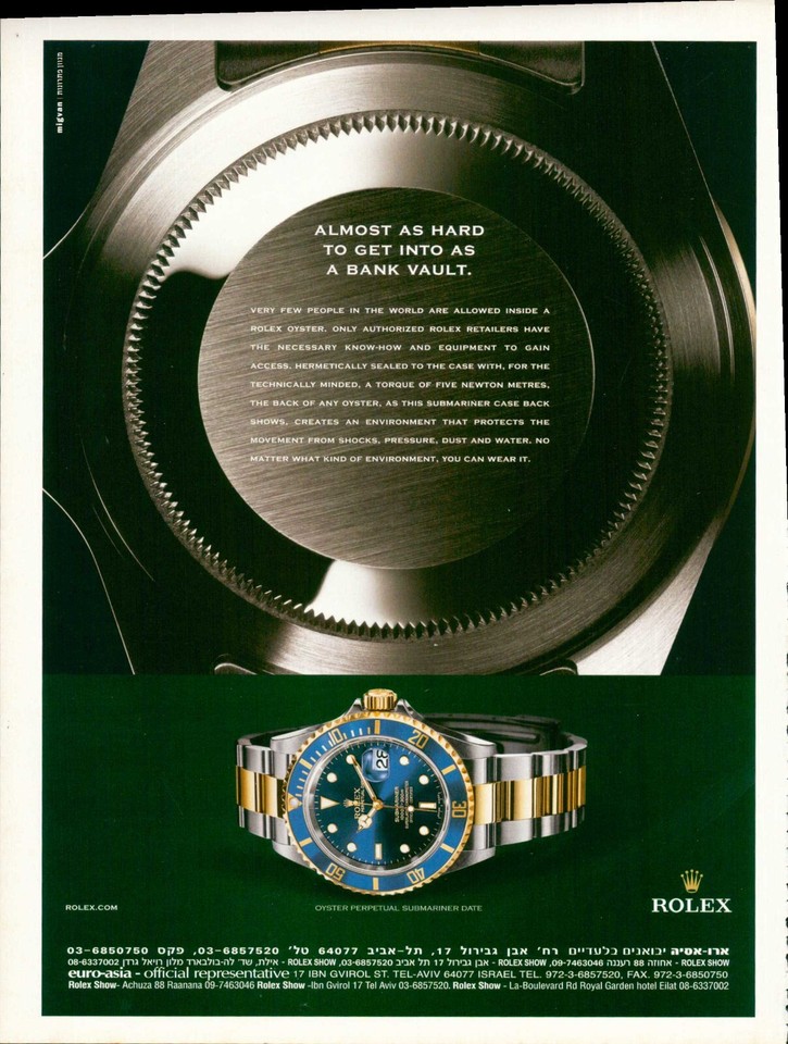 ROLEX Watch Magazine Print Ad OYSTER PERPETUAL SUBMARINER DATE 2000s ...