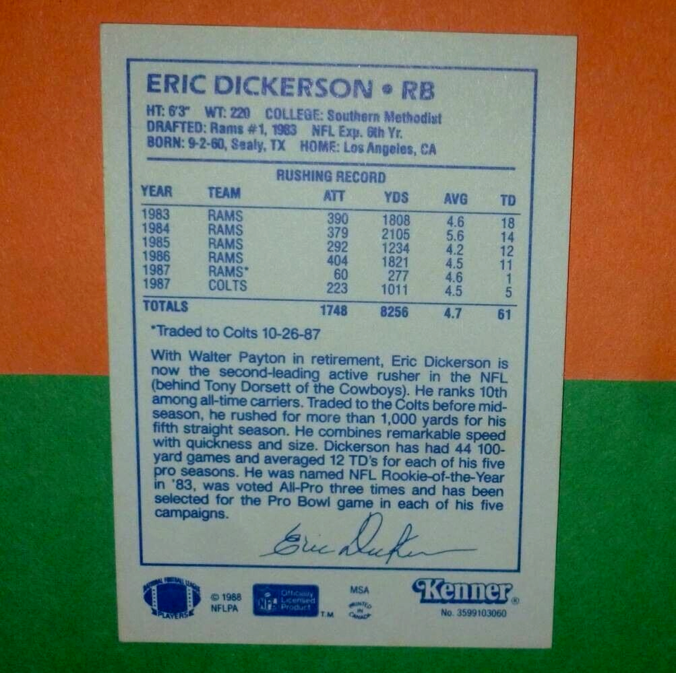 1988 ERIC DICKERSON Indianapolis Colts sole Starting Lineup card Kenner ...